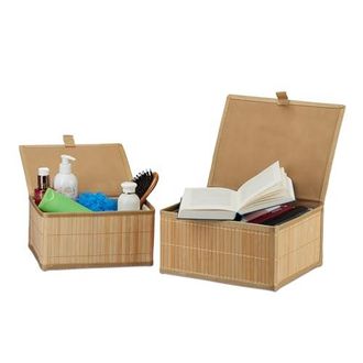 Relaxdays Aufbewahrungskorb, 2er Set, 2 Gr&ouml;&szlig;en, mit Deckel, Bad, Kinderzimmer, Bambus & Stoff, Aufbewahrungsbox, Natur