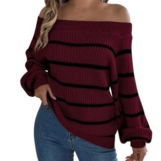 Generic Pull rayé surdimensionné à épaules dénudées pour femme - Pull dautomne à manches chauve-souris - Pull ample en tricot, bordeaux, XL