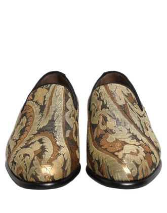 Dolce & Gabbana Gold Brocade Slip On Men Dress Loafers Shoes Leather