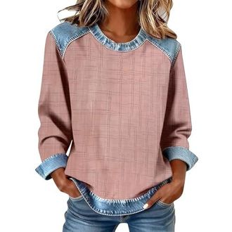 Generic Sweat-shirt en denim patchwork sans capuche vintage &agrave; carreaux pour femme - Pull tendance en denim - Col rond - Haut de sortie - Tenue de f&ecirc;te de prin