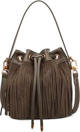 Generic Sac &agrave; main fourre-tout d&eacute;contract&eacute; en daim synth&eacute;tique avec cordon de serrage et pompons, sac &agrave; main &agrave; bandouli&egrave;re de couleur unie en polyur&eacute;thane pou