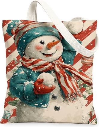Generic Sacs fourre-tout en toile motif bonhomme de neige, sacs de courses r&eacute;utilisables, amusants et festifs, l&eacute;gers et lavables, Bleu, 13x15 Inch