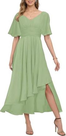 Generic Robe de mère de la mariée avec manches et col en V plissée en mousseline de soie pour invitée de mariage, vert sauge, 50 Grande taille