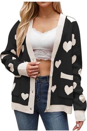 Generic Cardigan tricot&eacute; en forme de coeur avec poches et col en V pour la Saint-Valentin 2026, Noir, XL