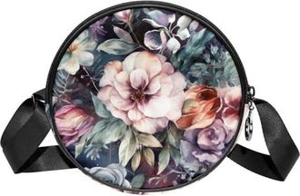 Generic Petit sac &agrave; bandouli&egrave;re circulaire pour femme, motif feuilles florales, sac &agrave; dos avec fermeture &eacute;clair, bretelles r&eacute;glables, sac &agrave; main rond d&eacute;contra