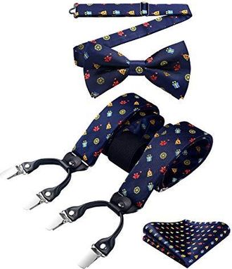 Hisdern Bretelles Hommes Noël Bretelles avec 6 Clips Fortes Réglable Forme Y Cloche de Noël Noeud Papillon Ensemble Poche Carré