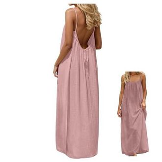 Generic Womens Solid Color Backless Cami Dress,Adjustable Sleeveless Spaghetti Strap Flowy Maxi Sundress Tie Back Beach Vacation Outfit (Pink,Grand)