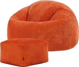 Icon Brand Kingston Sitzsack mit Hocker Cord, Orange, Sitzsack Erwachsene mit F&uuml;llung, Bean Bag, Cord Sessel, Lounge Sessel, Lounge Stuhl, Schlafzimmer, Wohnzimm
