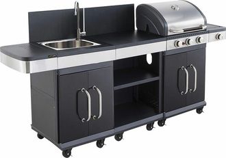 COOK IN GARDEN CookIn Garden - Cuisine ext&eacute;rieure modulable FIDGI 3 - Barbecue &agrave; gaz 3 br&ucirc;leurs - &Eacute;vier inox et desserte - Dimensions L 242 &times; l 57 &times; H 114 cm