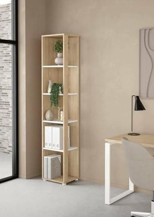 Dmora Bücherregal Marguerite, Büroregal, Mobiler Buchhalter, Bücherbrett, 41x34 h205 cm, Eiche und Weiß