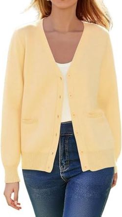 Generico Pull à manches longues confortable pour le bureau et les loisirs Cardigan dautomne léger en tricot pour femme avec col en V et poches, citronier, XS