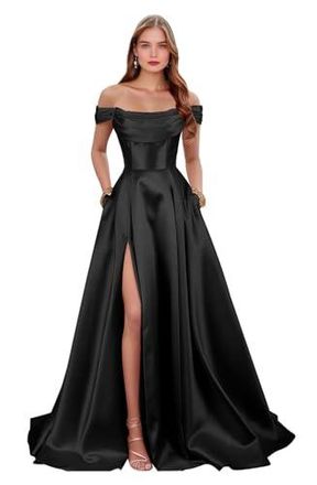 Generic Robes de bal en satin avec fente sans bretelles, corset trapèze, robes de bal à épaules dénudées, longues robes de soirée formelles avec poches, Noir,