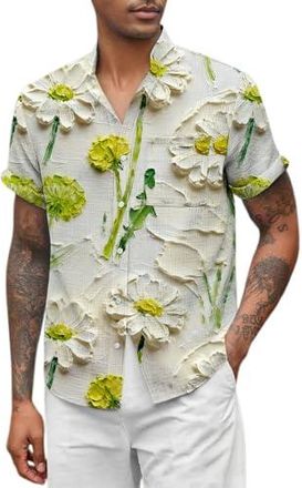 Generic Chemise hawa&iuml;enne &agrave; manches courtes pour homme - Imprim&eacute; 3D - Col montant - Chemise boutonn&eacute;e - Grande taille - Hauts d&eacute;contract&eacute;s - Hauts d&eacute;t&eacute; l&eacute;gers