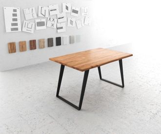 DELIFE Esstisch Edge 140x90 Akazie Natur Metall Schräg Live-Edge, Esstische, Baumkantenmöbel, Massivholzmöbel, Massivholz