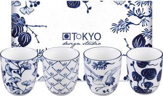 Tokyo Design Studio Flora Japonica 4-er Tassen-Set blau-weiß, ohne Henkel (Becher), Ø 6,7 cm, 7,7 cm hoch, 170 ml, asiatisches Porzellan, Japanisches Blumen-Design, inkl.