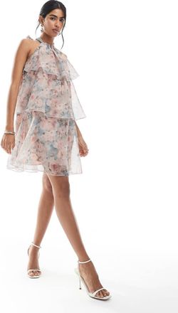 Vero Moda Robe courte à volants nouée autour du cou - Imprimé fleuri délavé-Multicolore