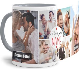 Tassendruck Foto-Tasse selbst gestalten - I Love You - Collage mit 6 Fotos & Name - Geschenk für Familie, Freunde, Paar, Geburtstag, Weihnachten - Keramik, Innen 