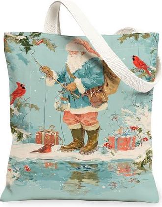 Generic Sacs fourre-tout en toile de P&egrave;re No&euml;l - Illustration vintage - Sacs d&eacute;picerie r&eacute;utilisables, l&eacute;gers et lavables - Bandouli&egrave;re C, Bleu, 13x15 Inch