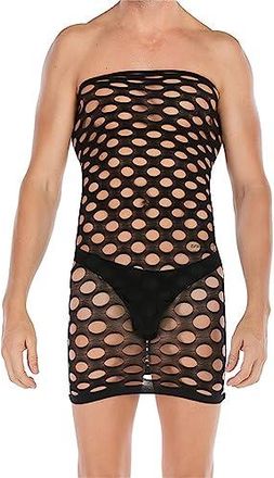 Generic Lingerie en dentelle transparente pour homme, v&ecirc;tements sissy sexy serr&eacute;s d&eacute;coup&eacute;s chemise de nuit &eacute;lastique body une pi&egrave;ce A23