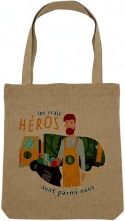 Fabulous Sac Shopping Tote Bag Aspect Lin - Les Vrais H&eacute;ros - Eboueur M&eacute;tier Sac de Courses Toile Epaisse 360g Beige Naturel Cabas Port&eacute; Epaule Solide Imprim&eacute; 