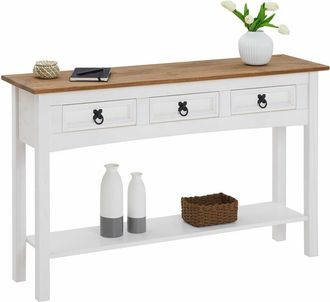 IDIMEX Table console campo avec 3 tiroirs, style mexicain en pin massif blanc et brun
