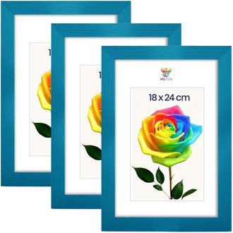 MG Design 3er Set Bilderrahmen 18 x 24 cm - Fotorahmen mit T&uuml;rkis Echtholzrahmen und bruchsicherem Acrylglas, Hoch & Quer zum Aufh&auml;ngen, zum Aufstellen