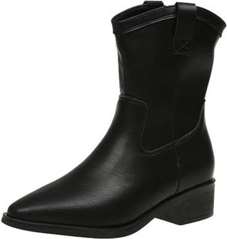 Generic 38/39 Pointu Brodé en Cuir de Couleur Unie Femmes à Talons Grosse Bottes Western Vintage mi-mollet de Grande Taille Bottes en Cuir Bottines Courtes Bo