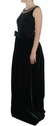 Dolce & Gabbana Womens Green Velvet Crystal Long Maxi Dress Blue Rayon