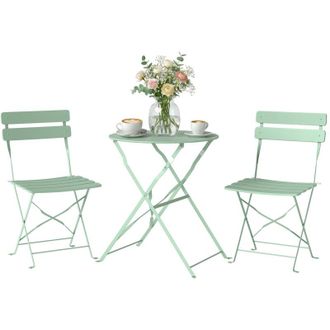 OUTSUNNY Ensemble bistrot de jardin - 3 pi&egrave;ces - table et 2 chaises pliantes &agrave; lattes san montage - m&eacute;tal -42x48x80cm - vert