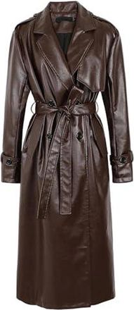 Generic Trench-coat long ample en cuir PU noir pour femme - Veste classique &agrave; double boutonnage pleine longueur, marron, S