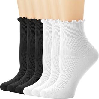 Dreshow 6 Paires de Chaussettes à Volants en Coton Tricotées Respirantes, Décontractées pour Femmes