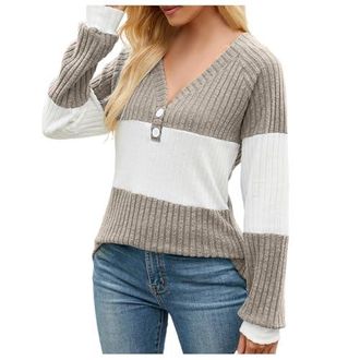 Generic T-shirt tendance pour femmes 2024 Printemps Automne et Hiver Manches Longues Col en V Contraste Couleur Bouton Top, kaki, XXL