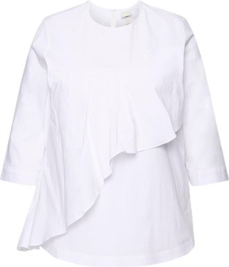 Ulla Popken Damen gro&szlig;e Gr&ouml;&szlig;en &Uuml;bergr&ouml;&szlig;en Plus Size Bluse, Volant, A-Linie, Rundhals, 3/4-Arm, Biobaumwolle Offwhite 46+ 829982200-46+