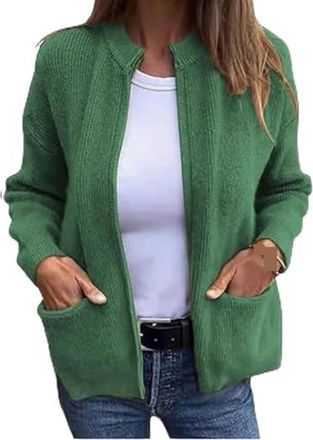 Generic Cardigan Femme &agrave; Fermeture &Eacute;clair, Col Rond Uni avec Poches, Veste en Tricot Ouvert D&eacute;contract&eacute;(Green,4X-Large)