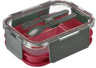 Westmark Lunch Box, Füllvolumen: 1740 ml, Zwei Etagen, Mit Besteck, 4 sichere Klick-Verschlüsse, Glas/Silikon/Kunststoff, Comfort, Transparent/Rot/Anthrazit, 2