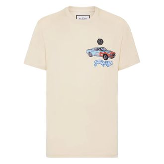 Philipp Plein Homme, Tops, Beige, Taille: XS Jersey T-Shirt Round Neck SS Cars Racing