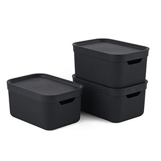 Rotho Jive Dekobox - Lot de 3 bo&icirc;tes de rangement d&eacute;coratives de 5 l avec couvercle, plastique (PP recycl&eacute;), noires, 3x5 l (26,5 x 18,5 x 20 cm), Gris Fonc&eacute;
