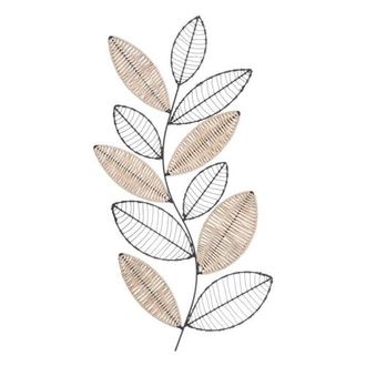 Atmosphera Atmosphera - D&eacute;coration Murale Feuille Aurore Noir et Naturel 56 x 29 cm, M&eacute;tal et Rotin Tress&eacute; - pour Salon, Chambre, Entr&eacute;e