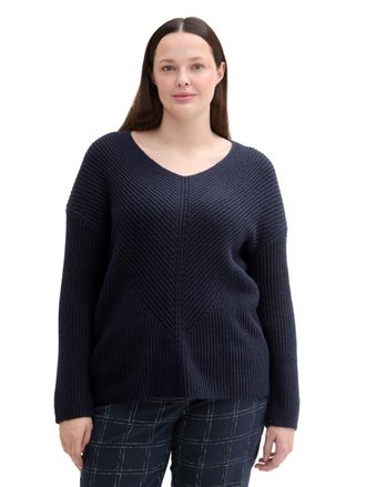 Tom Tailor Damen Plussize RIPP Strickpullover mit V-Ausschnitt, 10668 - Sky Captain Blue, 54