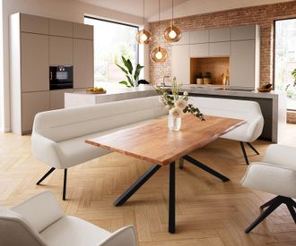 DELIFE Esszimmerbank Taya-Flex 285x190 cm Boucl&eacute; Creme-Wei&szlig; Kreuzgestell kantig Schwarz Taschenfederkern Links, B&auml;nke