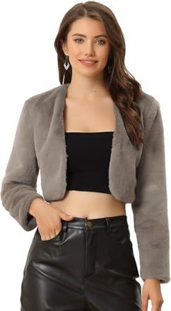 Allegra K Veste courte Femme en fausse fourrure Boléro en peluche à devant ouvert sans col à manches longues manteau court hiver Gris Foncé S