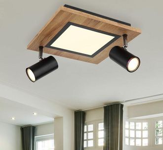 Globo Lighting Plafonnier bois plafonnier carré salon Spots plafonnier noir, spot orientable, 1x led 2x GU10 commutables séparément, LxH30x18 cm