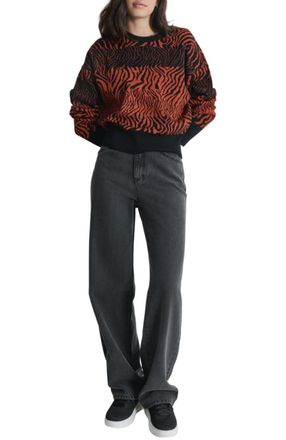 DKNY Womens Dolman Sleeve Tiger Print Sweater, Black/Russet, X-Small