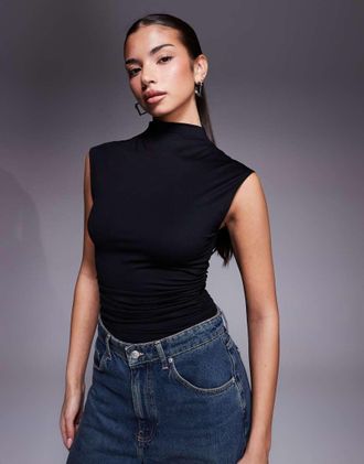 Good American Body sans manches en tissu l&eacute;ger effet sculptant avec col montant - Noir