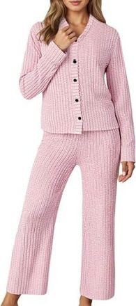 Generico Pyjama long pour femme en tricot c&ocirc;tel&eacute; 2 pi&egrave;ces avec t-shirts longs et pantalon de pyjama confortable et doux, Ros&eacute; clair, XXL
