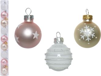 Decoris Weihnachtskugeln Glas 3cm x 9 Stück Sterne Schneeflocken Streifen Glitzer Muster rosa Mix