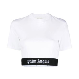 Palm Angels Femme, Tops, Blanc, Taille: 36 FR T-Shirt Court &agrave; Bande Logo