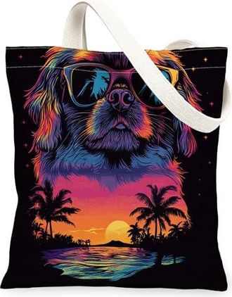 Generic Sac fourre-tout en toile motif chien p&eacute;kinois d&eacute;t&eacute; pour faire du shopping, 33 x 38,1 cm, sac d&eacute;picerie r&eacute;utilisable pour femme, sac d&eacute;picerie r&eacute;tro po