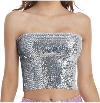 Generic Haut tube sans bretelles pour femme 2025 dos nu - Haut tube tendance à paillettes - Épaules dénudées - Bustier de plage Y2K - Haut bandeau de vacances