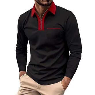 Generic Polo pour homme adulte, t-shirt &agrave; manches longues, col standard, fermeture &eacute;clair 1/4 avec poche poitrine, coupe d&eacute;contract&eacute;e, couleur unie, t-shirt H